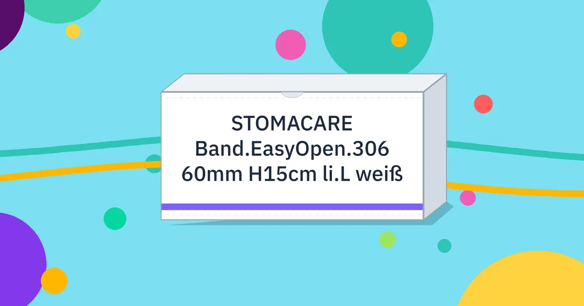 Symbolbild: Packung mit der Aufschrift STOMACARE Band.EasyOpen.306 60mm H15cm li.L weiß (PZN 07665398) – Verfügbarkeit und Bezug in Apotheken in Frankfurt am Main