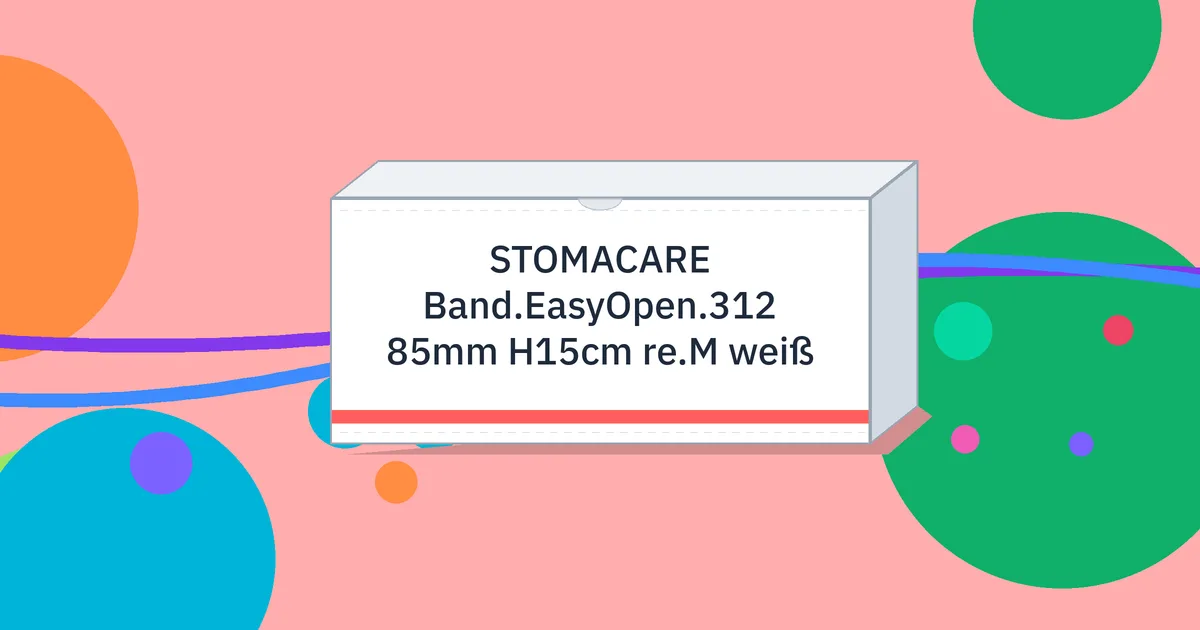 Symbolbild: Packung mit der Aufschrift STOMACARE Band.EasyOpen.312 85mm H15cm re.M weiß (PZN 09437767) – Verfügbarkeit und Bezug in Apotheken in Frankfurt am Main
