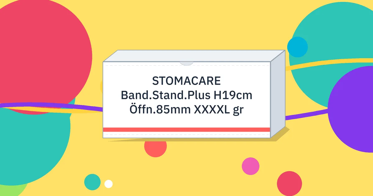 Symbolbild: Packung mit der Aufschrift STOMACARE Band.Stand.Plus H19cm Öffn.85mm XXXXL gr (PZN 16750772) – Verfügbarkeit und Bezug in Apotheken in Frankfurt am Main