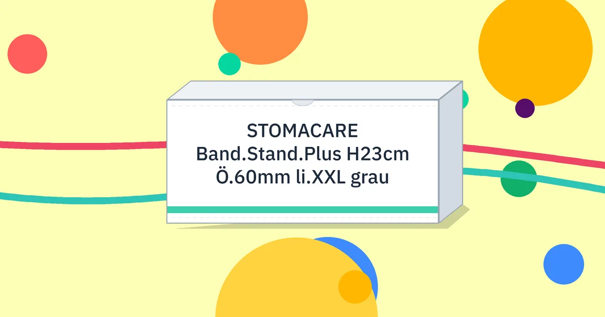 Symbolbild: Packung mit der Aufschrift STOMACARE Band.Stand.Plus H23cm Ö.60mm li.XXL grau (PZN 16750832) – Verfügbarkeit und Bezug in Apotheken in Frankfurt am Main