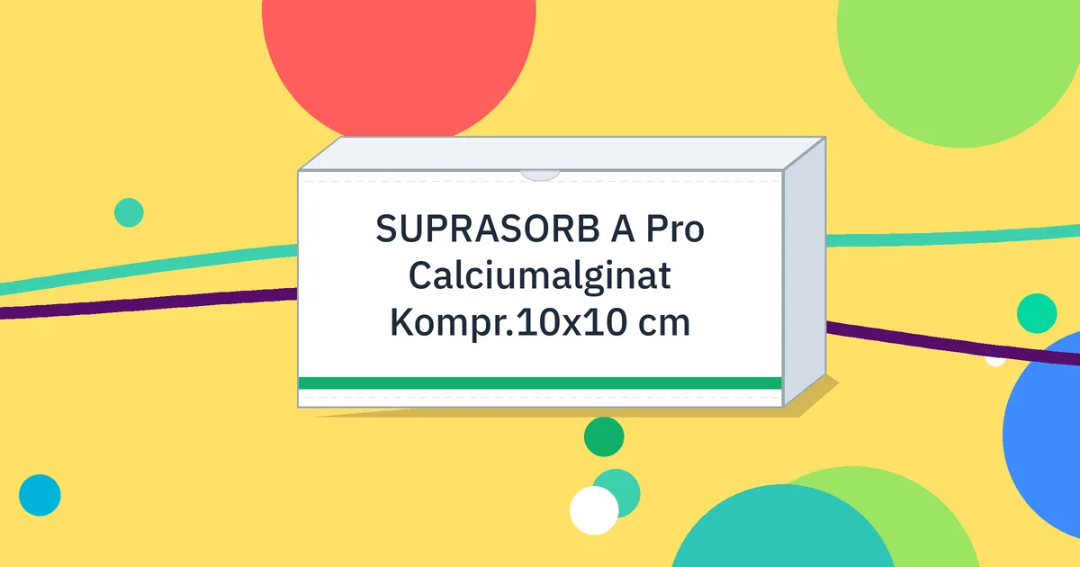 Symbolbild: Packung mit der Aufschrift SUPRASORB A Pro Calciumalginat Kompr.10x10 cm (PZN 19768583) – Verfügbarkeit und Bezug in Apotheken in Frankfurt am Main