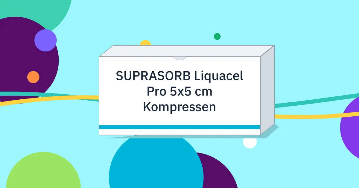 Symbolbild: Packung mit der Aufschrift SUPRASORB Liquacel Pro 5x5 cm Kompressen (PZN 20580086) – Verfügbarkeit und Bezug in Apotheken in Frankfurt am Main