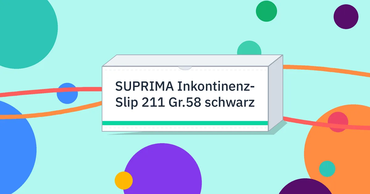 Symbolbild: Packung mit der Aufschrift SUPRIMA Inkontinenz-Slip 211 Gr.58 schwarz (PZN 00709201) – Verfügbarkeit und Bezug in Apotheken in Frankfurt am Main