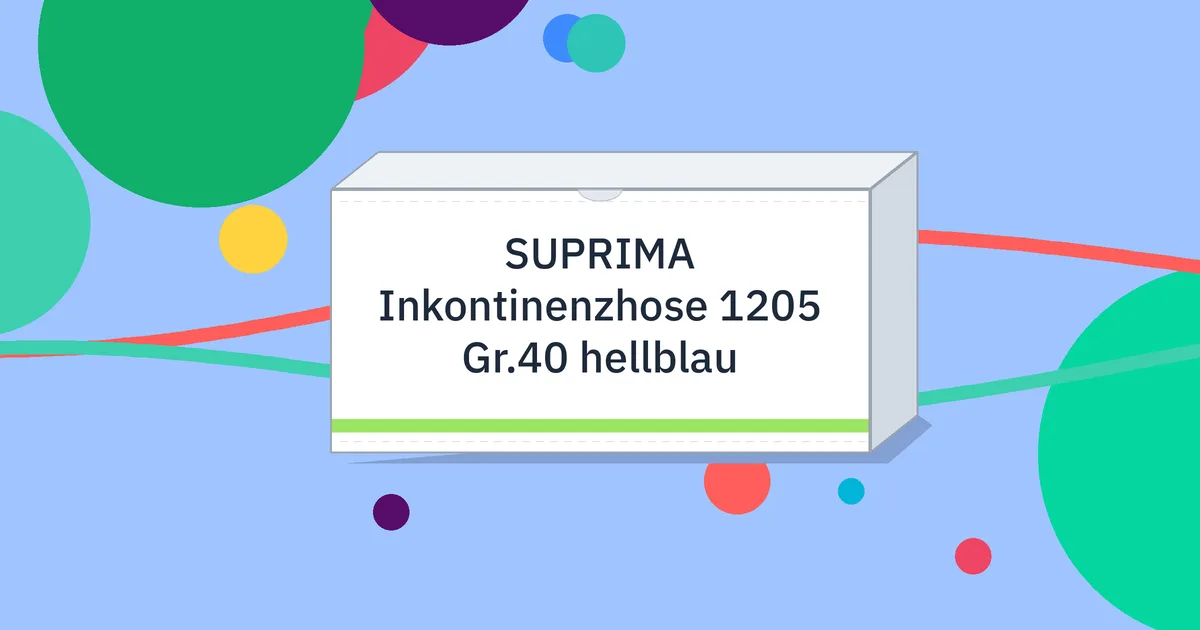 Symbolbild: Packung mit der Aufschrift SUPRIMA Inkontinenzhose 1205 Gr.40 hellblau (PZN 03020380) – Verfügbarkeit und Bezug in Apotheken in Frankfurt am Main