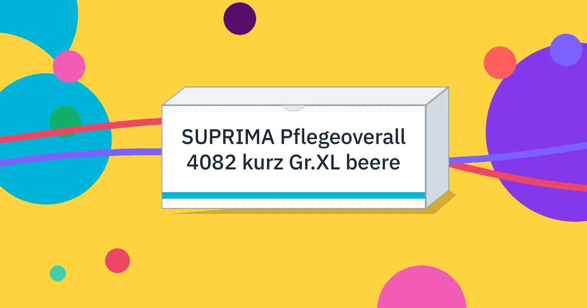 Symbolbild: Packung mit der Aufschrift SUPRIMA Pflegeoverall 4082 kurz Gr.XL beere (PZN 11659943) – Verfügbarkeit und Bezug in Apotheken in Frankfurt am Main