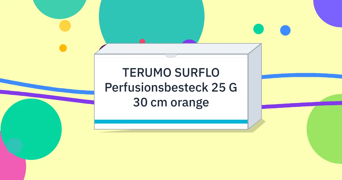 Symbolbild: Packung mit der Aufschrift TERUMO SURFLO Perfusionsbesteck 25 G 30 cm orange (PZN 09897931) – Verfügbarkeit und Bezug in Apotheken in Frankfurt am Main