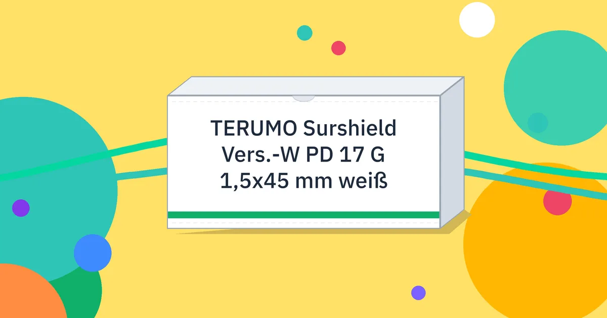 Symbolbild: Packung mit der Aufschrift TERUMO Surshield Vers.-W PD 17 G 1,5x45 mm weiß (PZN 17630805) – Verfügbarkeit und Bezug in Apotheken in Frankfurt am Main