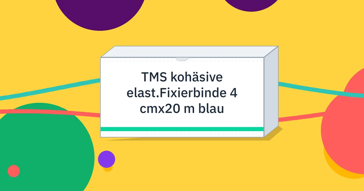 Symbolbild: Packung mit der Aufschrift TMS kohäsive elast.Fixierbinde 4 cmx20 m blau (PZN 18316577) – Verfügbarkeit und Bezug in Apotheken in Frankfurt am Main