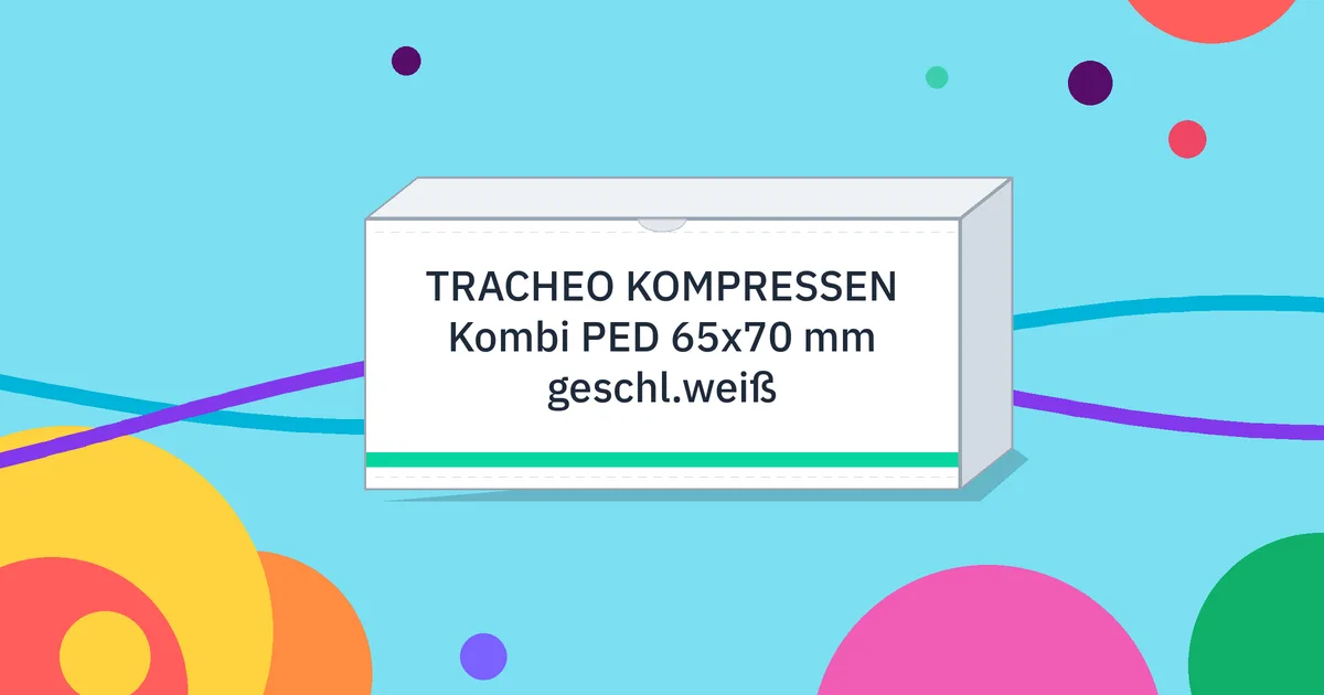 Symbolbild: Packung mit der Aufschrift TRACHEO KOMPRESSEN Kombi PED 65x70 mm geschl.weiß (PZN 08846759) – Verfügbarkeit und Bezug in Apotheken in Frankfurt am Main