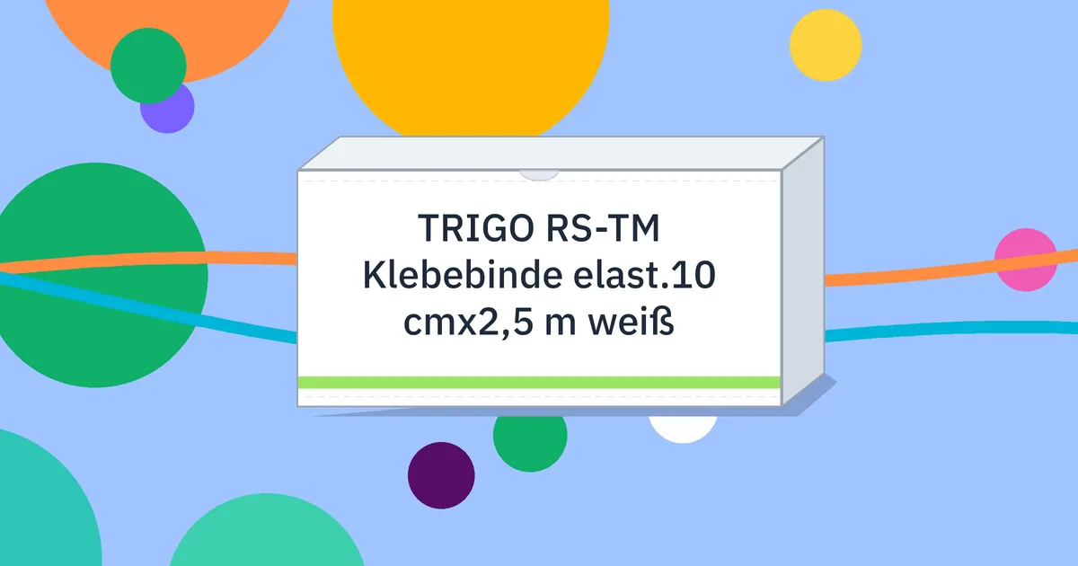 Symbolbild: Packung mit der Aufschrift TRIGO RS-TM Klebebinde elast.10 cmx2,5 m weiß (PZN 20342932) – Verfügbarkeit und Bezug in Apotheken in Frankfurt am Main