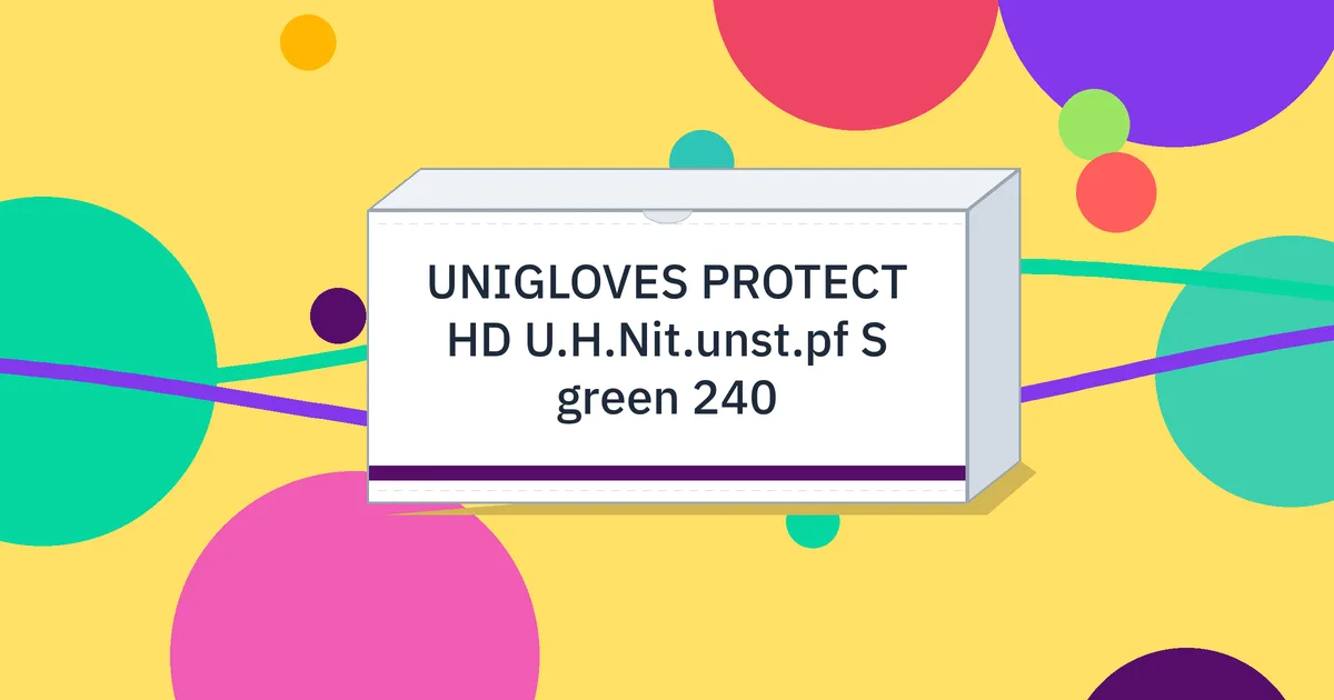 Symbolbild: Packung mit der Aufschrift UNIGLOVES PROTECT HD U.H.Nit.unst.pf S green 240 (PZN 20189086) – Verfügbarkeit und Bezug in Apotheken in Frankfurt am Main