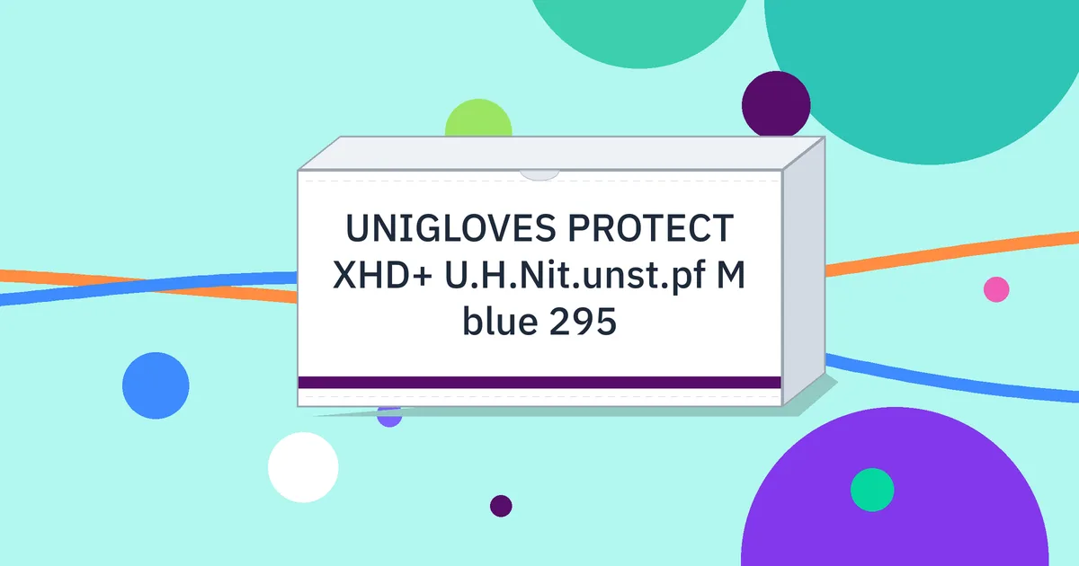 Symbolbild: Packung mit der Aufschrift UNIGLOVES PROTECT XHD+ U.H.Nit.unst.pf M blue 295 (PZN 20300448) – Verfügbarkeit und Bezug in Apotheken in Frankfurt am Main