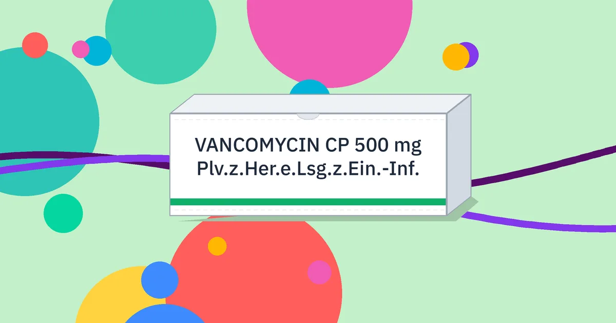 Symbolbild: Packung mit der Aufschrift VANCOMYCIN CP 500 mg Plv.z.Her.e.Lsg.z.Ein.-Inf. (PZN 01676768) – Verfügbarkeit und Bezug in Apotheken in Frankfurt am Main