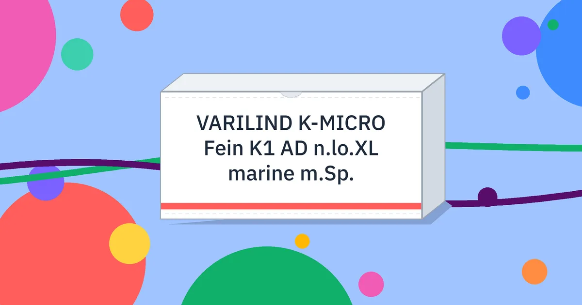Symbolbild: Packung mit der Aufschrift VARILIND K-MICRO Fein K1 AD n.lo.XL marine m.Sp. (PZN 20557420) – Verfügbarkeit und Bezug in Apotheken in Frankfurt am Main