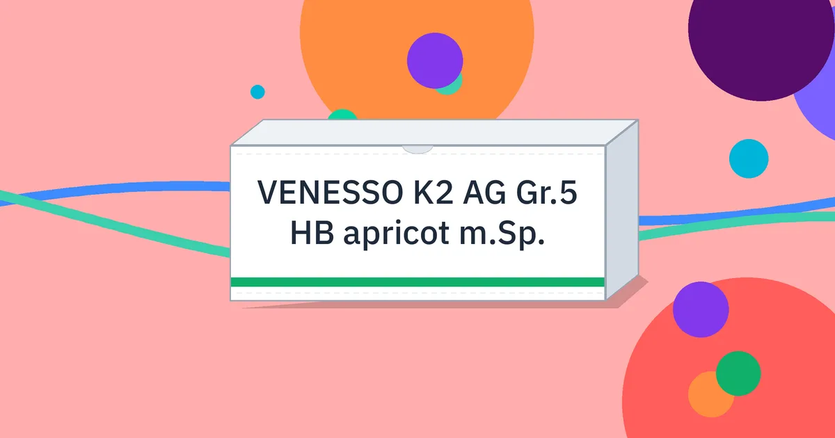 Symbolbild: Packung mit der Aufschrift VENESSO K2 AG Gr.5 HB apricot m.Sp. (PZN 03262982) – Verfügbarkeit und Bezug in Apotheken in Frankfurt am Main