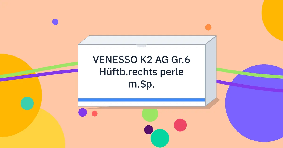 Symbolbild: Packung mit der Aufschrift VENESSO K2 AG Gr.6 Hüftb.rechts perle m.Sp. (PZN 03274809) – Verfügbarkeit und Bezug in Apotheken in Frankfurt am Main