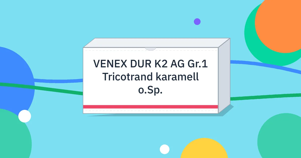 Symbolbild: Packung mit der Aufschrift VENEX DUR K2 AG Gr.1 Tricotrand karamell o.Sp. (PZN 13762875) – Verfügbarkeit und Bezug in Apotheken in Frankfurt am Main