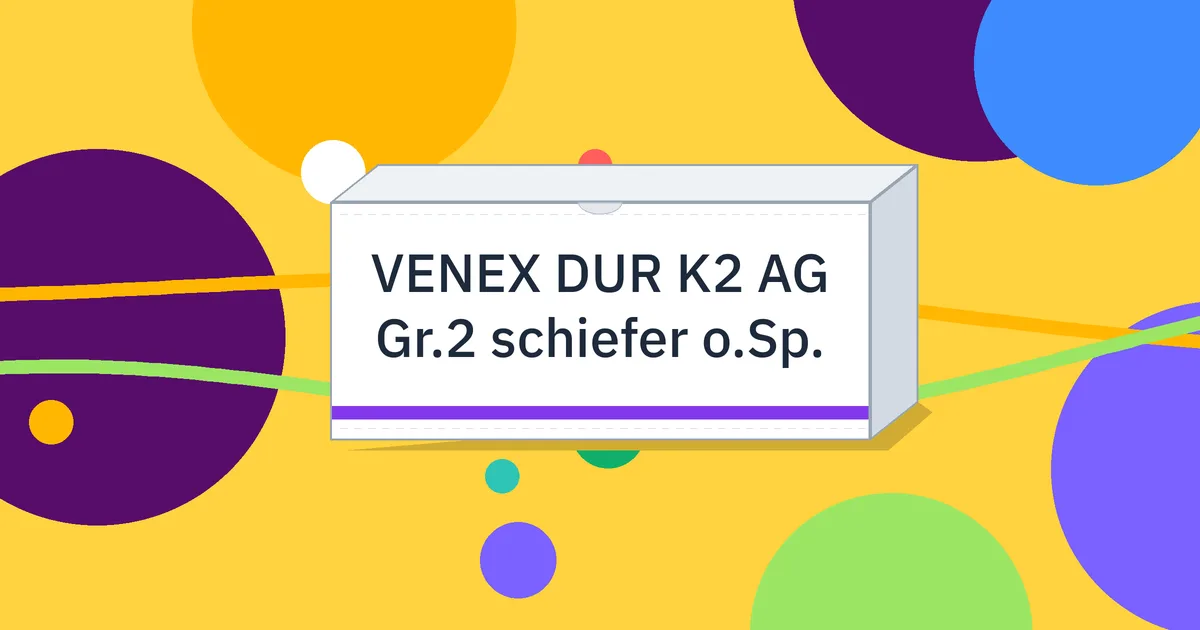 Symbolbild: Packung mit der Aufschrift VENEX DUR K2 AG Gr.2 schiefer o.Sp. (PZN 03216999) – Verfügbarkeit und Bezug in Apotheken in Frankfurt am Main