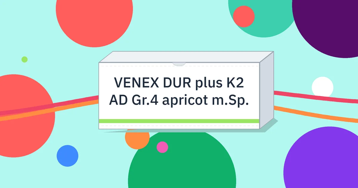 Symbolbild: Packung mit der Aufschrift VENEX DUR plus K2 AD Gr.4 apricot m.Sp. (PZN 03233288) – Verfügbarkeit und Bezug in Apotheken in Frankfurt am Main