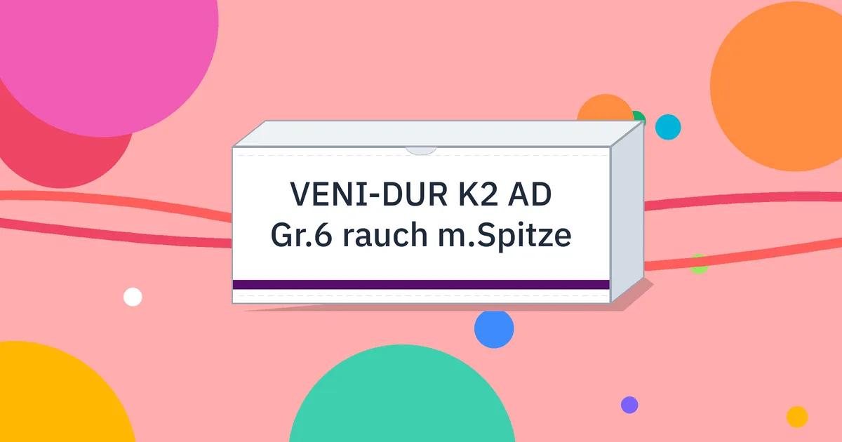 Symbolbild: Packung mit der Aufschrift VENI-DUR K2 AD Gr.6 rauch m.Spitze (PZN 08681229) – Verfügbarkeit und Bezug in Apotheken in Frankfurt am Main