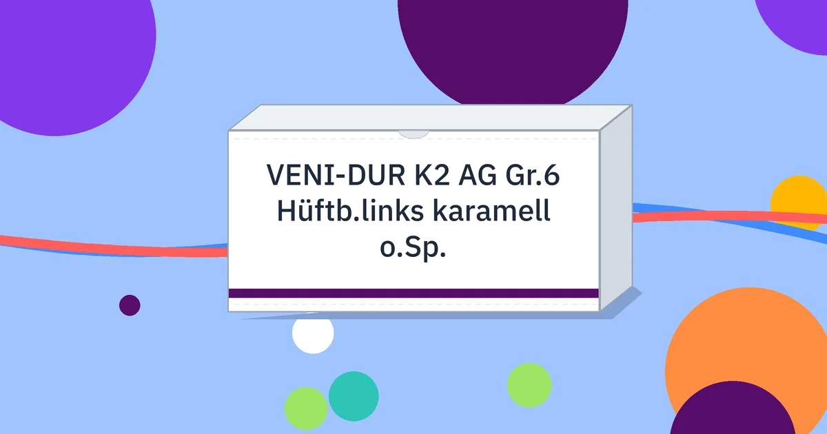 Symbolbild: Packung mit der Aufschrift VENI-DUR K2 AG Gr.6 Hüftb.links karamell o.Sp. (PZN 13760652) – Verfügbarkeit und Bezug in Apotheken in Frankfurt am Main