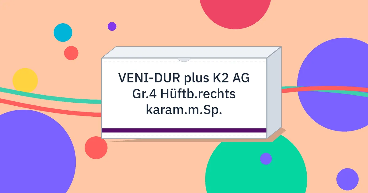 Symbolbild: Packung mit der Aufschrift VENI-DUR plus K2 AG Gr.4 Hüftb.rechts karam.m.Sp. (PZN 13760698) – Verfügbarkeit und Bezug in Apotheken in Frankfurt am Main