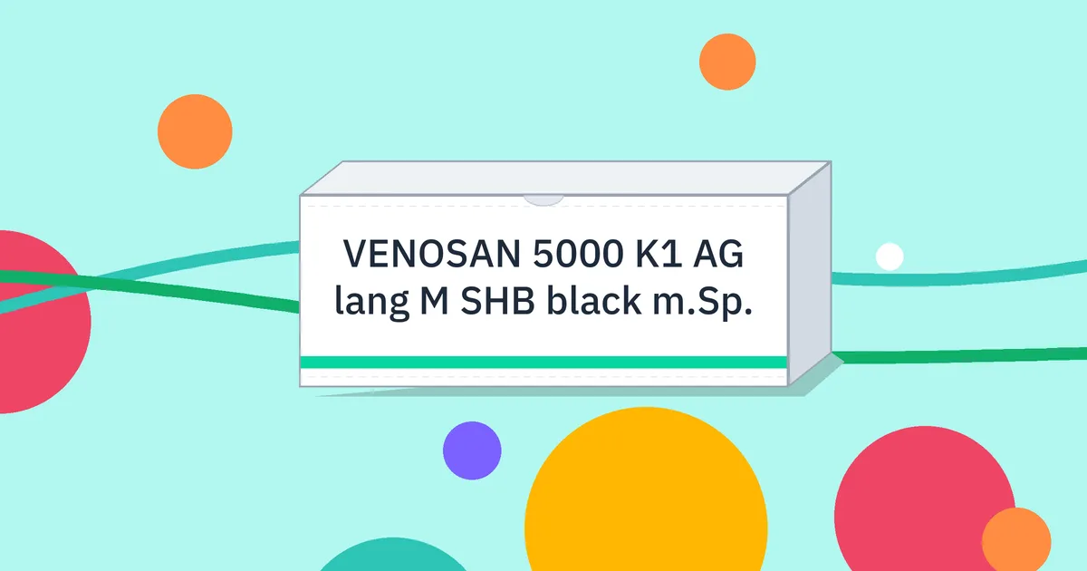 Symbolbild: Packung mit der Aufschrift VENOSAN 5000 K1 AG lang M SHB black m.Sp. (PZN 14432878) – Verfügbarkeit und Bezug in Apotheken in Frankfurt am Main