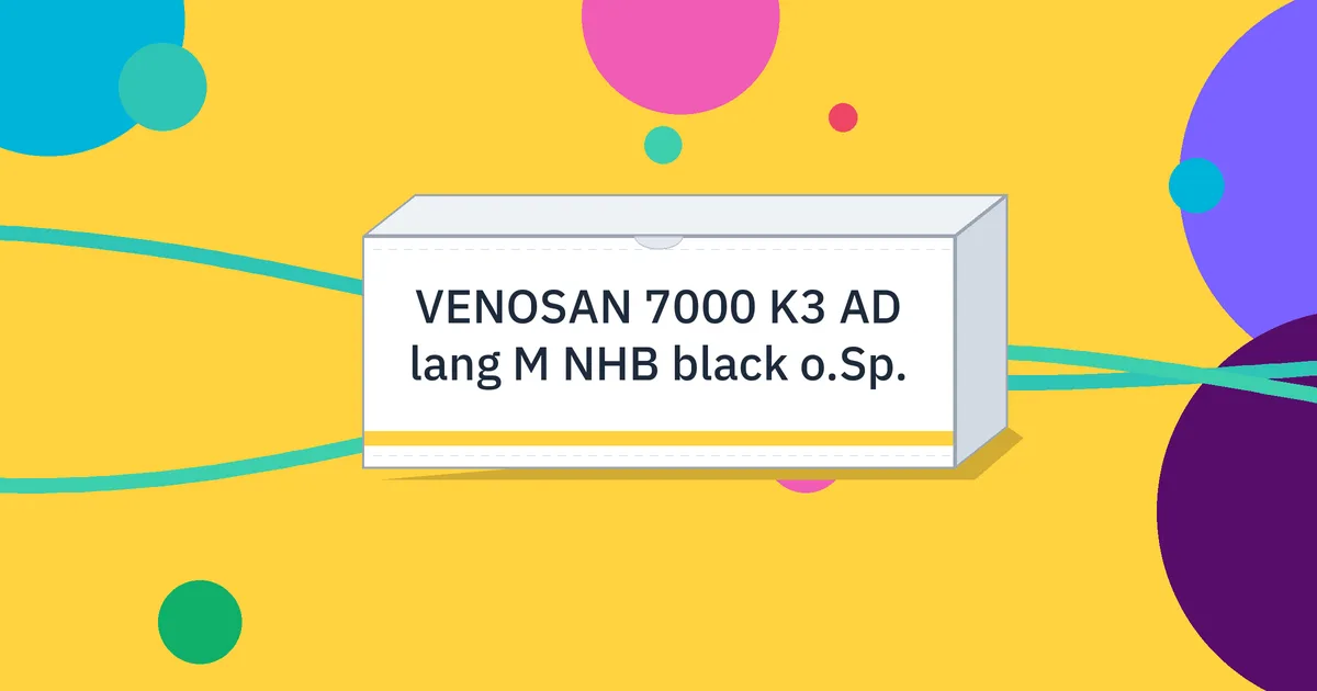 Symbolbild: Packung mit der Aufschrift VENOSAN 7000 K3 AD lang M NHB black o.Sp. (PZN 14436296) – Verfügbarkeit und Bezug in Apotheken in Frankfurt am Main