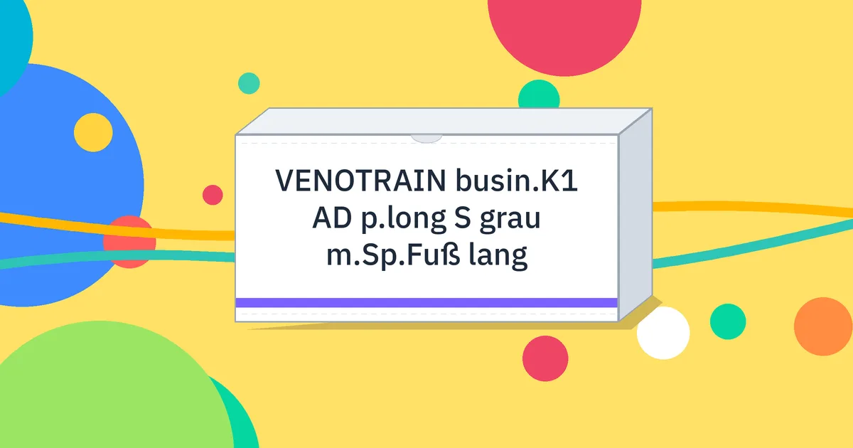 Symbolbild: Packung mit der Aufschrift VENOTRAIN busin.K1 AD p.long S grau m.Sp.Fuß lang (PZN 19056523) – Verfügbarkeit und Bezug in Apotheken in Frankfurt am Main