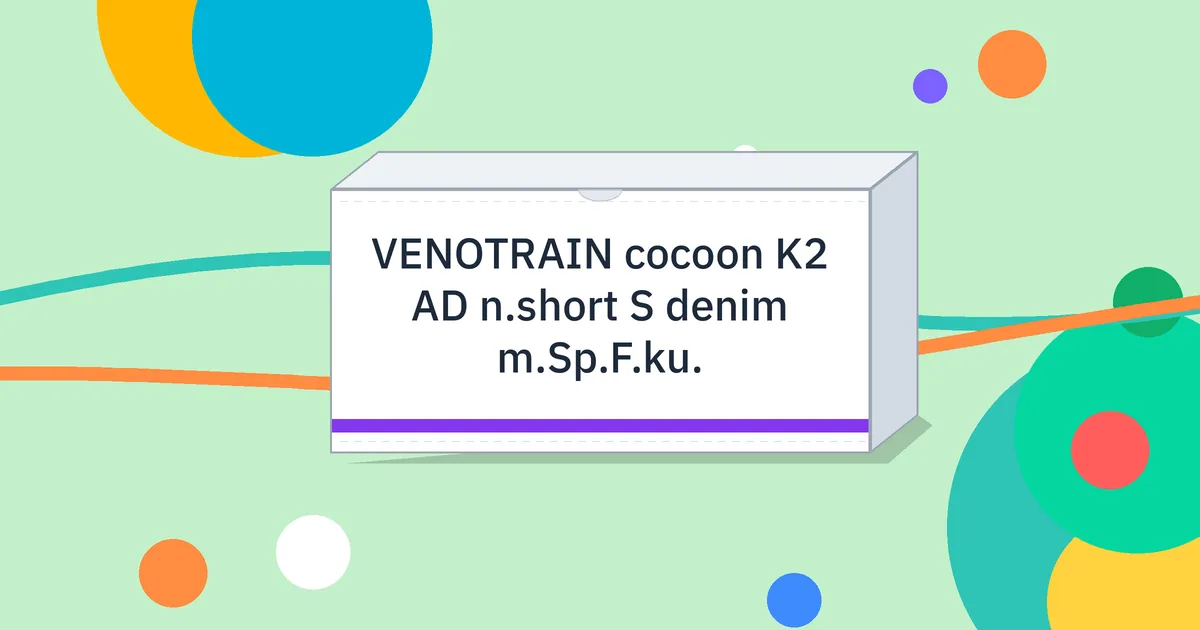 Symbolbild: Packung mit der Aufschrift VENOTRAIN cocoon K2 AD n.short S denim m.Sp.F.ku. (PZN 19198884) – Verfügbarkeit und Bezug in Apotheken in Frankfurt am Main