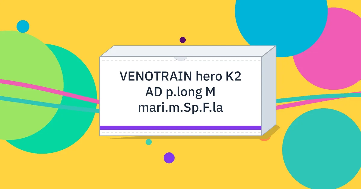Symbolbild: Packung mit der Aufschrift VENOTRAIN hero K2 AD p.long M mari.m.Sp.F.la (PZN 19189460) – Verfügbarkeit und Bezug in Apotheken in Frankfurt am Main