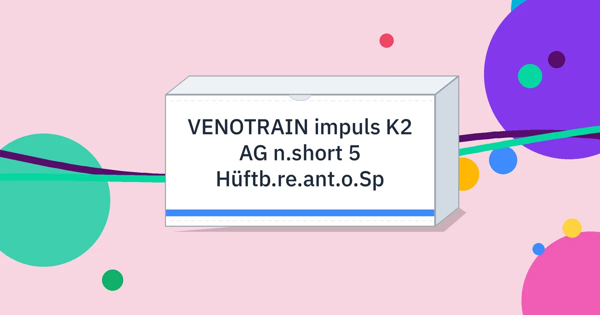 Symbolbild: Packung mit der Aufschrift VENOTRAIN impuls K2 AG n.short 5 Hüftb.re.ant.o.Sp (PZN 15217277) – Verfügbarkeit und Bezug in Apotheken in Frankfurt am Main