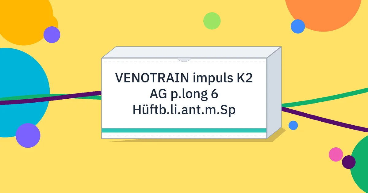 Symbolbild: Packung mit der Aufschrift VENOTRAIN impuls K2 AG p.long 6 Hüftb.li.ant.m.Sp (PZN 15219595) – Verfügbarkeit und Bezug in Apotheken in Frankfurt am Main