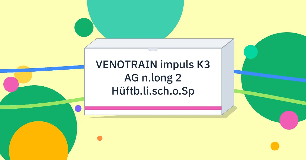 Symbolbild: Packung mit der Aufschrift VENOTRAIN impuls K3 AG n.long 2 Hüftb.li.sch.o.Sp (PZN 10295918) – Verfügbarkeit und Bezug in Apotheken in Frankfurt am Main