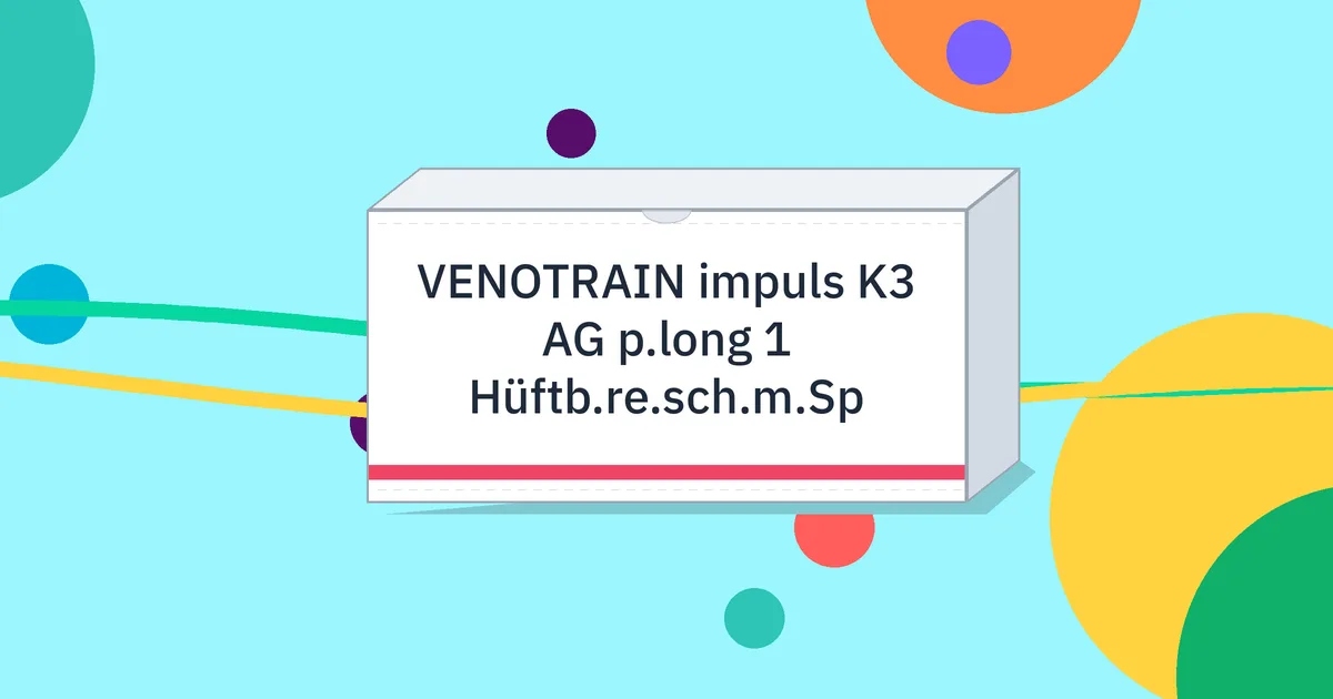 Symbolbild: Packung mit der Aufschrift VENOTRAIN impuls K3 AG p.long 1 Hüftb.re.sch.m.Sp (PZN 10293983) – Verfügbarkeit und Bezug in Apotheken in Frankfurt am Main