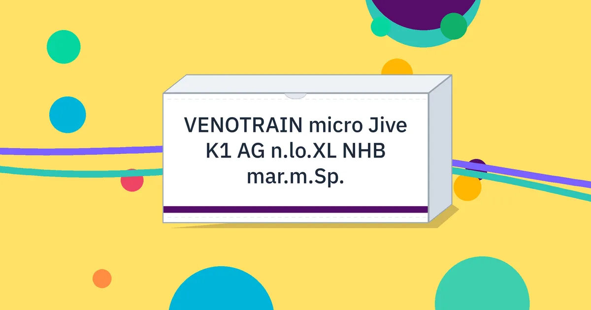 Symbolbild: Packung mit der Aufschrift VENOTRAIN micro Jive K1 AG n.lo.XL NHB mar.m.Sp. (PZN 17767303) – Verfügbarkeit und Bezug in Apotheken in Frankfurt am Main