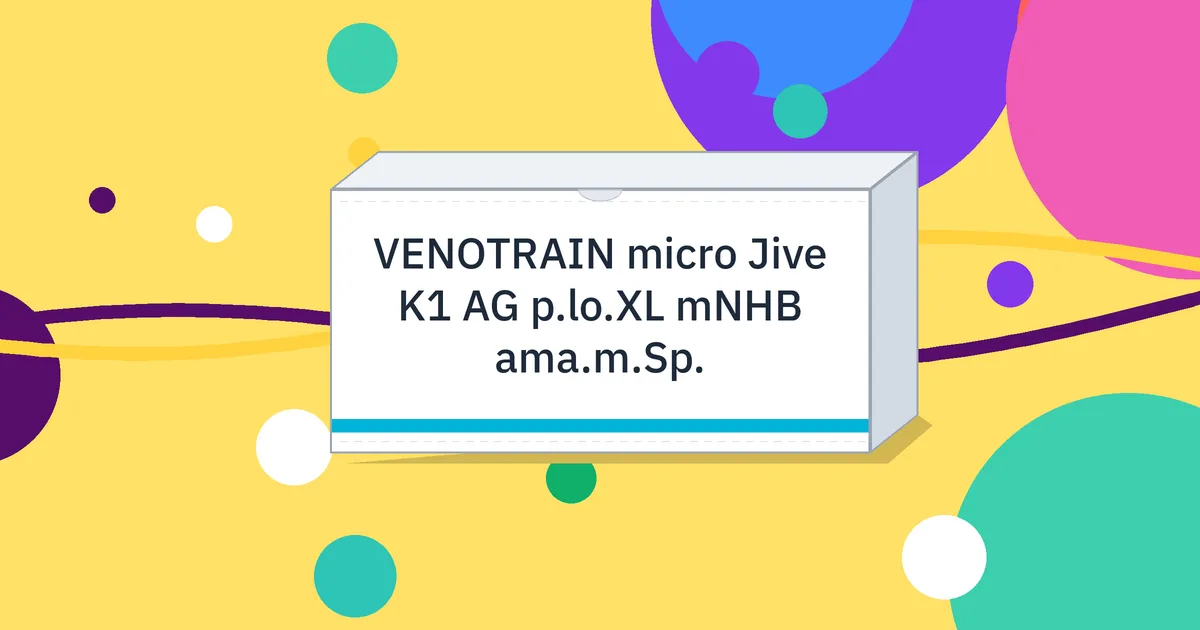 Symbolbild: Packung mit der Aufschrift VENOTRAIN micro Jive K1 AG p.lo.XL mNHB ama.m.Sp. (PZN 17759597) – Verfügbarkeit und Bezug in Apotheken in Frankfurt am Main