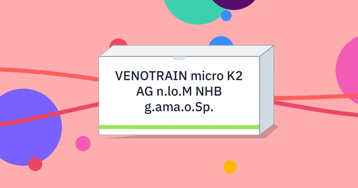 Symbolbild: Packung mit der Aufschrift VENOTRAIN micro K2 AG n.lo.M NHB g.ama.o.Sp. (PZN 05999907) – Verfügbarkeit und Bezug in Apotheken in Frankfurt am Main