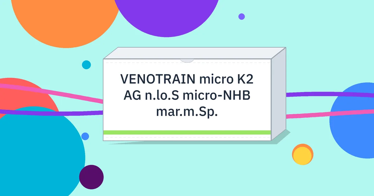 Symbolbild: Packung mit der Aufschrift VENOTRAIN micro K2 AG n.lo.S micro-NHB mar.m.Sp. (PZN 16066107) – Verfügbarkeit und Bezug in Apotheken in Frankfurt am Main