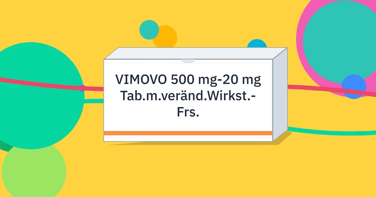 Symbolbild: Packung mit der Aufschrift VIMOVO 500 mg-20 mg Tab.m.veränd.Wirkst.-Frs. (PZN 19896789) – Verfügbarkeit und Bezug in Apotheken in Frankfurt am Main