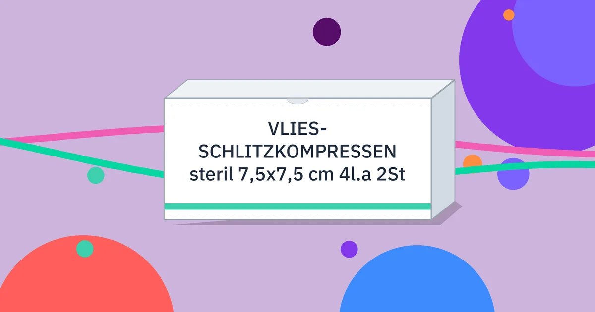 Symbolbild: Packung mit der Aufschrift VLIES-SCHLITZKOMPRESSEN steril 7,5x7,5 cm 4l.a 2St (PZN 10352361) – Verfügbarkeit und Bezug in Apotheken in Frankfurt am Main