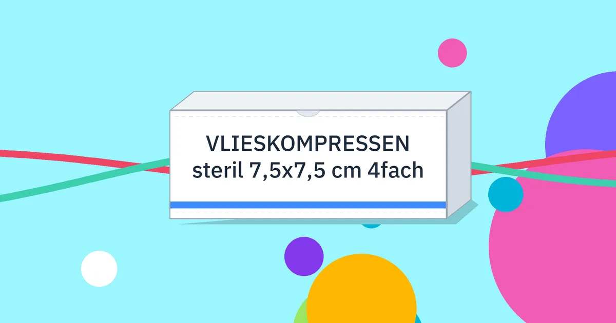 Symbolbild: Packung mit der Aufschrift VLIESKOMPRESSEN steril 7,5x7,5 cm 4fach (PZN 04808302) – Verfügbarkeit und Bezug in Apotheken in Frankfurt am Main