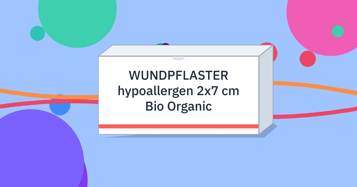 Symbolbild: Packung mit der Aufschrift WUNDPFLASTER hypoallergen 2x7 cm Bio Organic (PZN 18663250) – Verfügbarkeit und Bezug in Apotheken in Frankfurt am Main