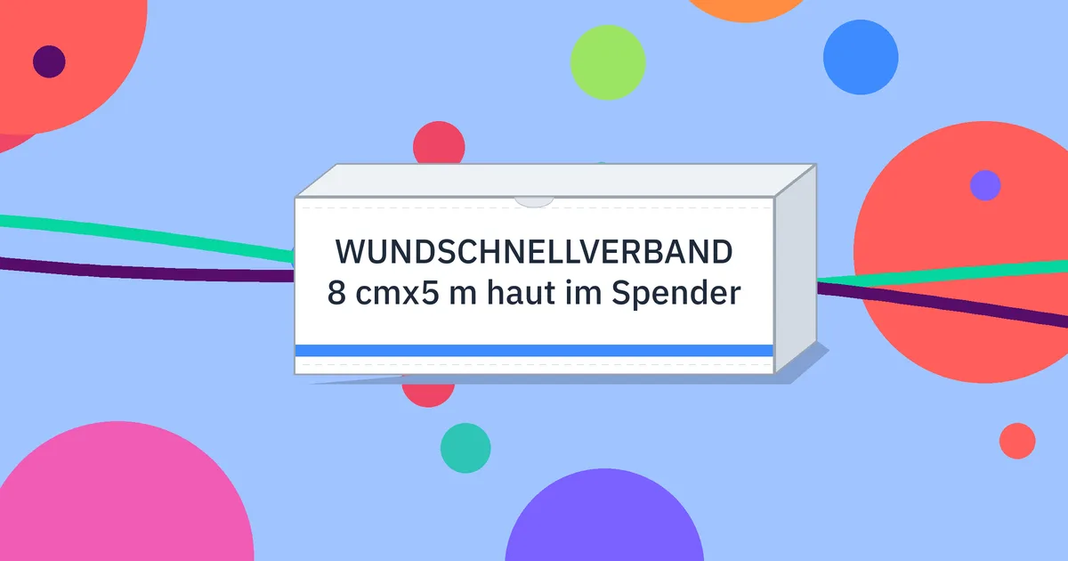 Symbolbild: Packung mit der Aufschrift WUNDSCHNELLVERBAND 8 cmx5 m haut im Spender (PZN 10539355) – Verfügbarkeit und Bezug in Apotheken in Frankfurt am Main