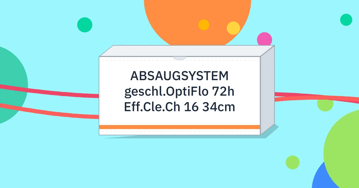 Symbolbild: Packung mit der Aufschrift ABSAUGSYSTEM geschl.OptiFlo 72h Eff.Cle.Ch 16 34cm (PZN 19530663) – Verfügbarkeit und Bezug in Apotheken in Frankfurt am Main