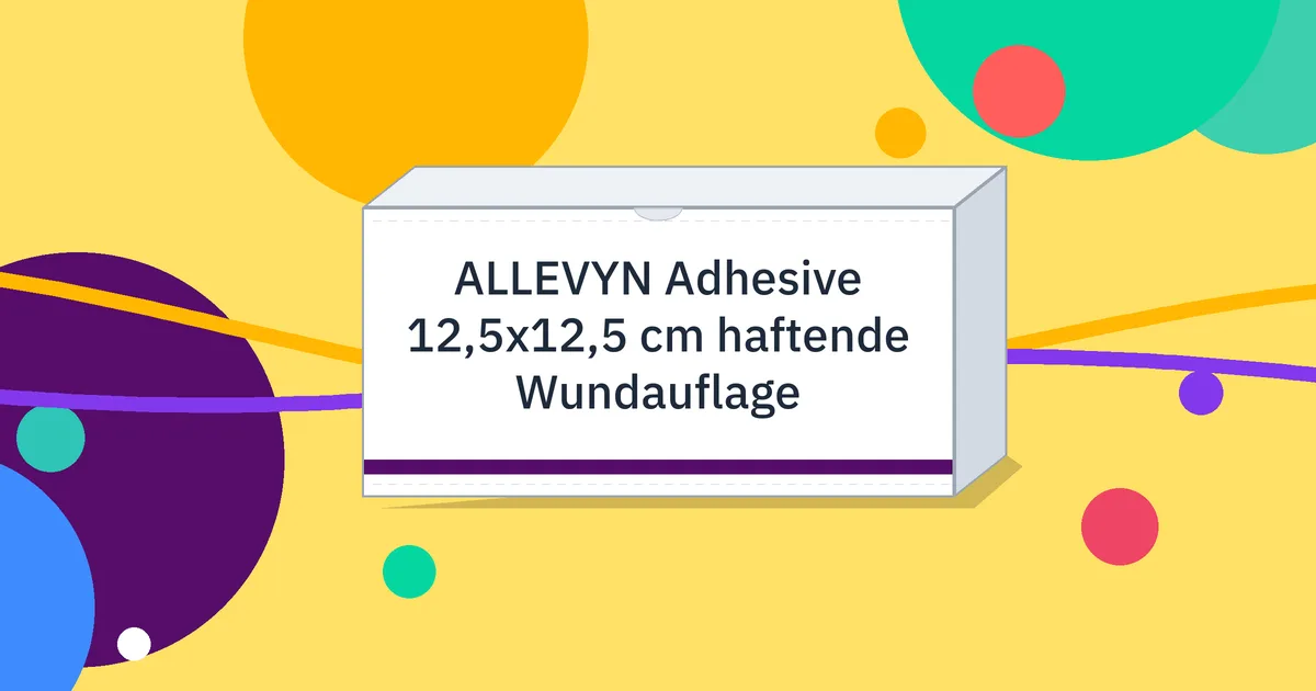 Symbolbild: Packung mit der Aufschrift ALLEVYN Adhesive 12,5x12,5 cm haftende Wundauflage (PZN 16222139) – Verfügbarkeit und Bezug in Apotheken in Frankfurt am Main