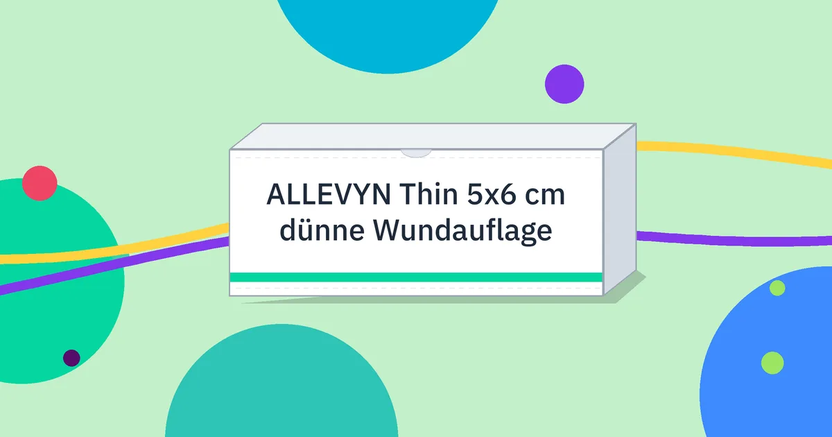 Symbolbild: Packung mit der Aufschrift ALLEVYN Thin 5x6 cm dünne Wundauflage (PZN 17831165) – Verfügbarkeit und Bezug in Apotheken in Frankfurt am Main