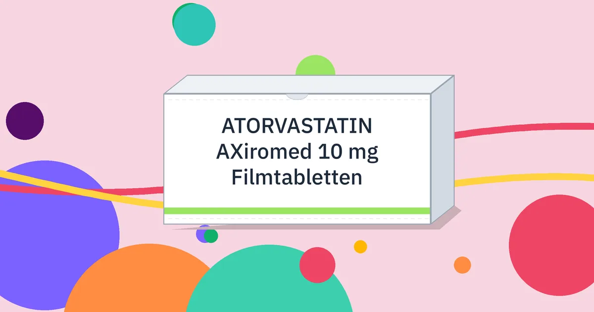 Symbolbild: Packung mit der Aufschrift ATORVASTATIN AXiromed 10 mg Filmtabletten (PZN 13817228) – Verfügbarkeit und Bezug in Apotheken in Frankfurt am Main
