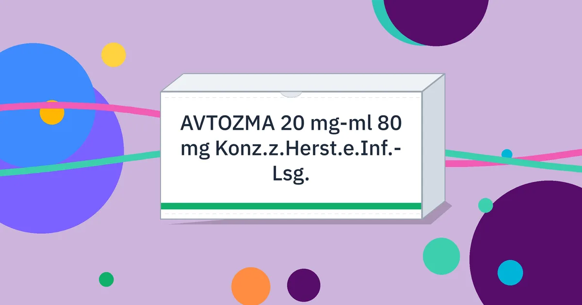 Symbolbild: Packung mit der Aufschrift AVTOZMA 20 mg-ml 80 mg Konz.z.Herst.e.Inf.-Lsg. (PZN 19499746) – Verfügbarkeit und Bezug in Apotheken in Frankfurt am Main