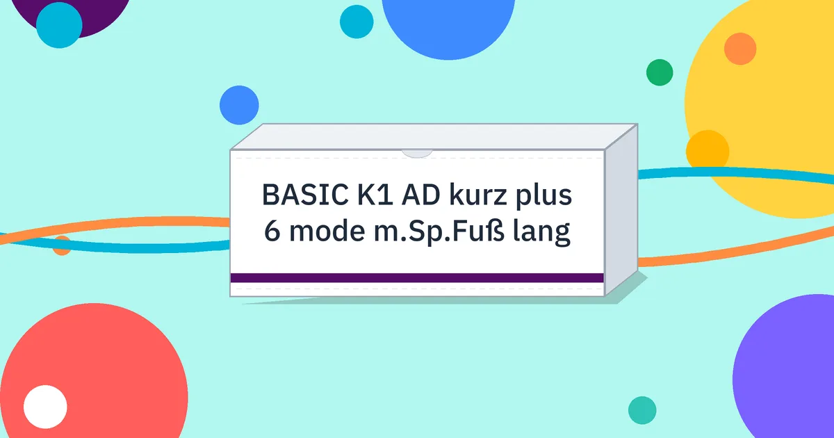 Symbolbild: Packung mit der Aufschrift BASIC K1 AD kurz plus 6 mode m.Sp.Fuß lang (PZN 20259450) – Verfügbarkeit und Bezug in Apotheken in Frankfurt am Main